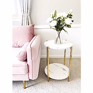 Gold End Table Faux Marble Side Table Small Round Nightstand for Living Room or Bedroom Modern Accent Table with Gold Metal Frame