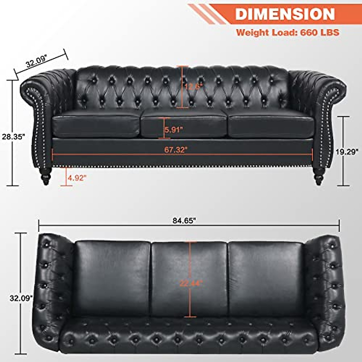 Wlvos 84" Leather Chesterfield Sofas for Living Room, Rolled Arm 3-Seater Large Couch Deep Button Nailhead Tufted Upholstered Couches for Bedroom, Office Apartment Easy to Assemble (Black)