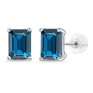 Gem Stone King 14K White Gold Gemstone Birthstone Stud Earrings | Emerald Cut 8X6MM | White Gold Earrings For Women
