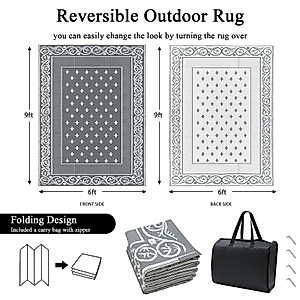 Bsmathom Reversible Outdoor Rugs Patio Rug 6'x9', Waterproof Plastic Straw Rug for Patios Clearance, RV Camping Rug Indoor Outdoor Area Rug for for Picnic, RV, Deck, Backyard, Balcony(Grey,6'x9')
