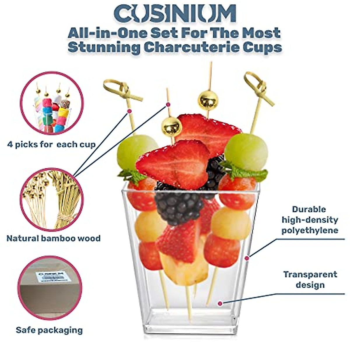 CUSINIUM [50 Cups + 200 Picks 5oz Plastic Charcuterie Cups with Cocktail Picks (2 Types) - Disposable Clear Appetizer Cups