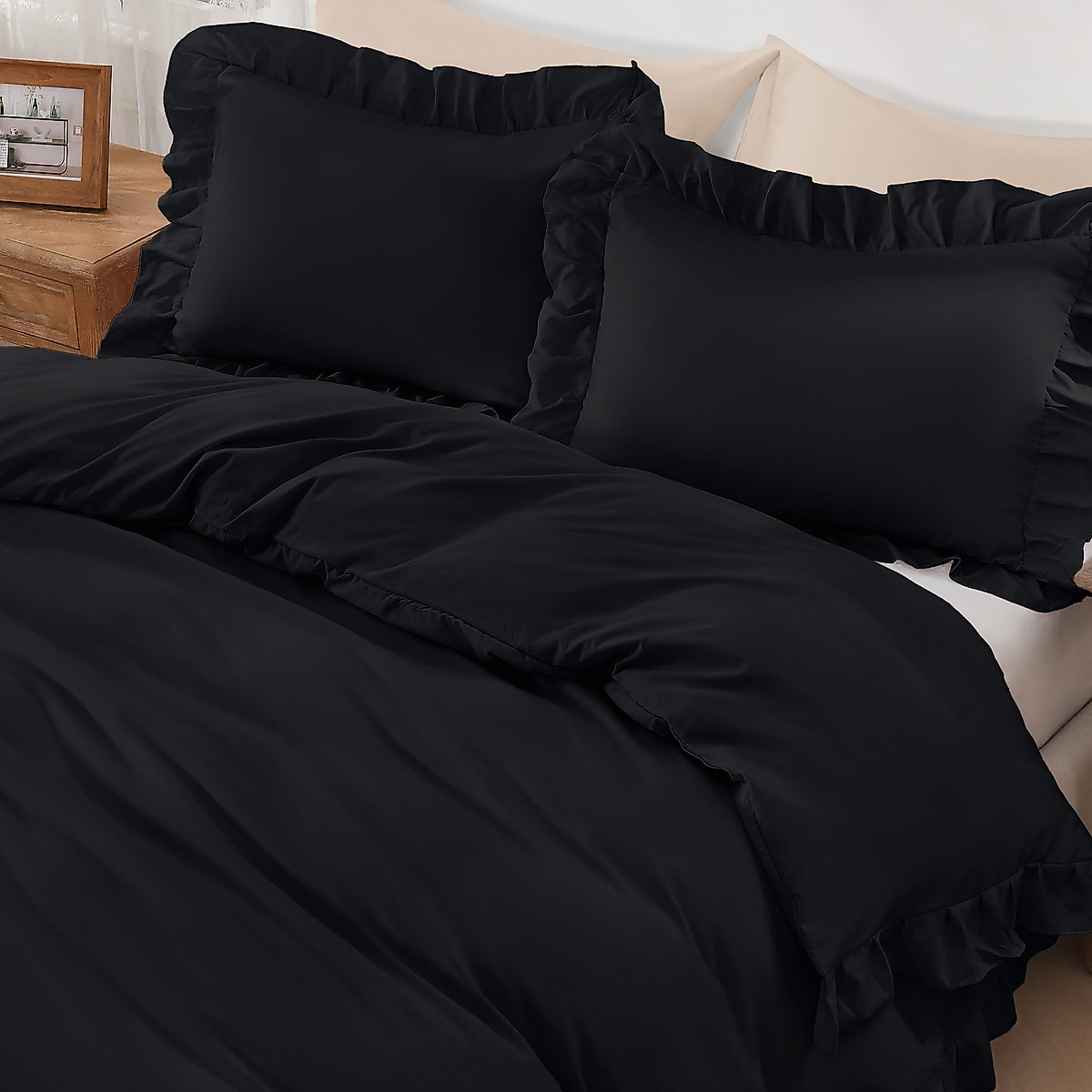 Andency Black Duvet Cover Queen Size, 3 Pieces Ruffle Duvet Cover Set, Soft Microfiber Queen Duvet Cover Bedding Set with Zipper Closure