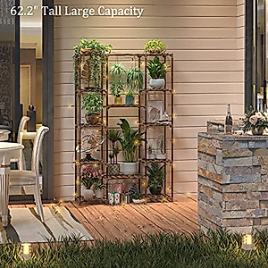 cfmour Wood Plant Stand Indoor Outdoor, 62.2" Tall Flower Shelf Tiered Plant Stands for Multiple Plants Large Planter Holder Hanging Shelves Rack for Living Room Garden Balcony