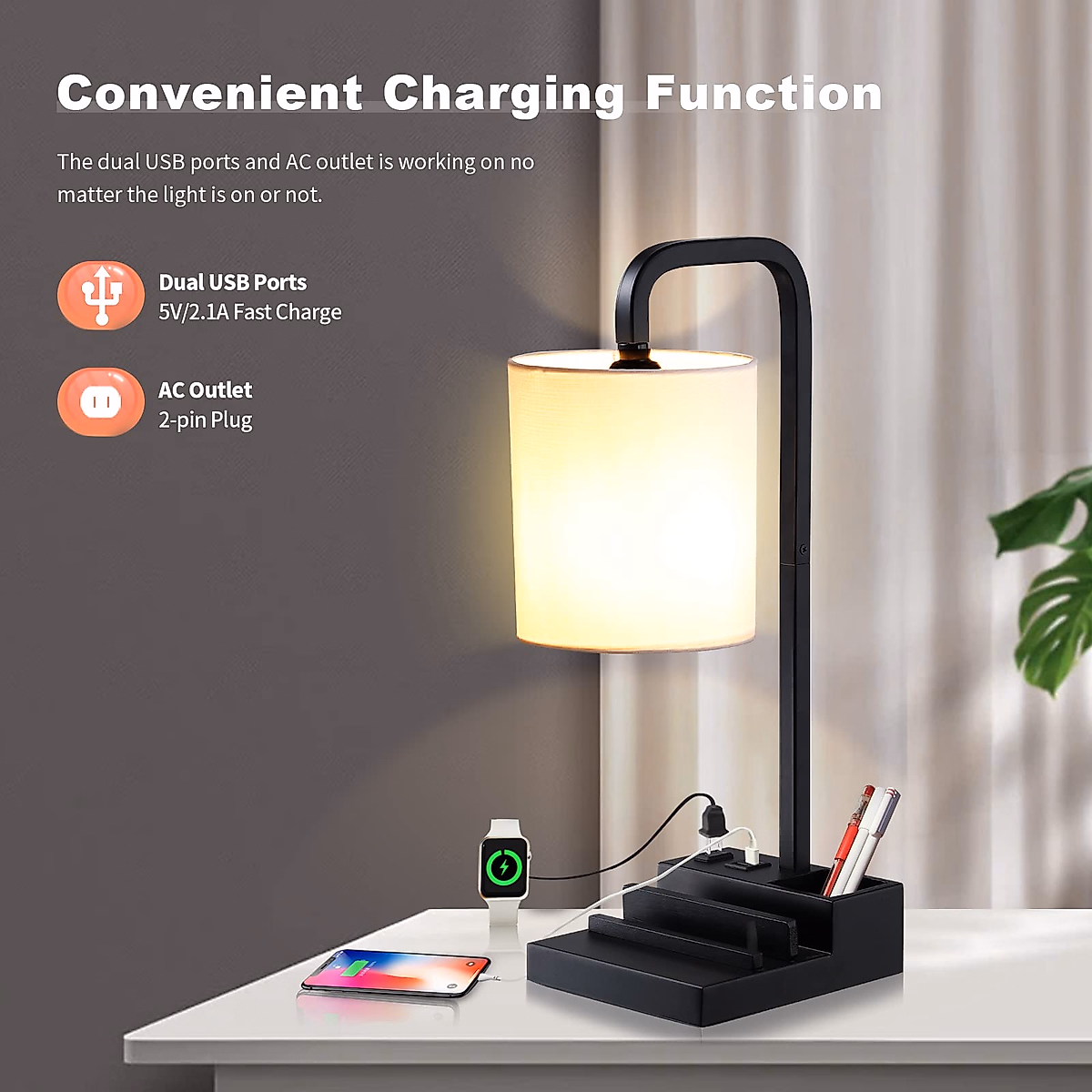 Iporovon 3-Way Dimmable Touch Control Lamps for Nightstand, Bedside Lamp with USB Ports & Outlet, Linen Shade, 2 Phone Stand & Pen Holder, Modern Desk Side Table Lamp for Bedroom Living Room Reading