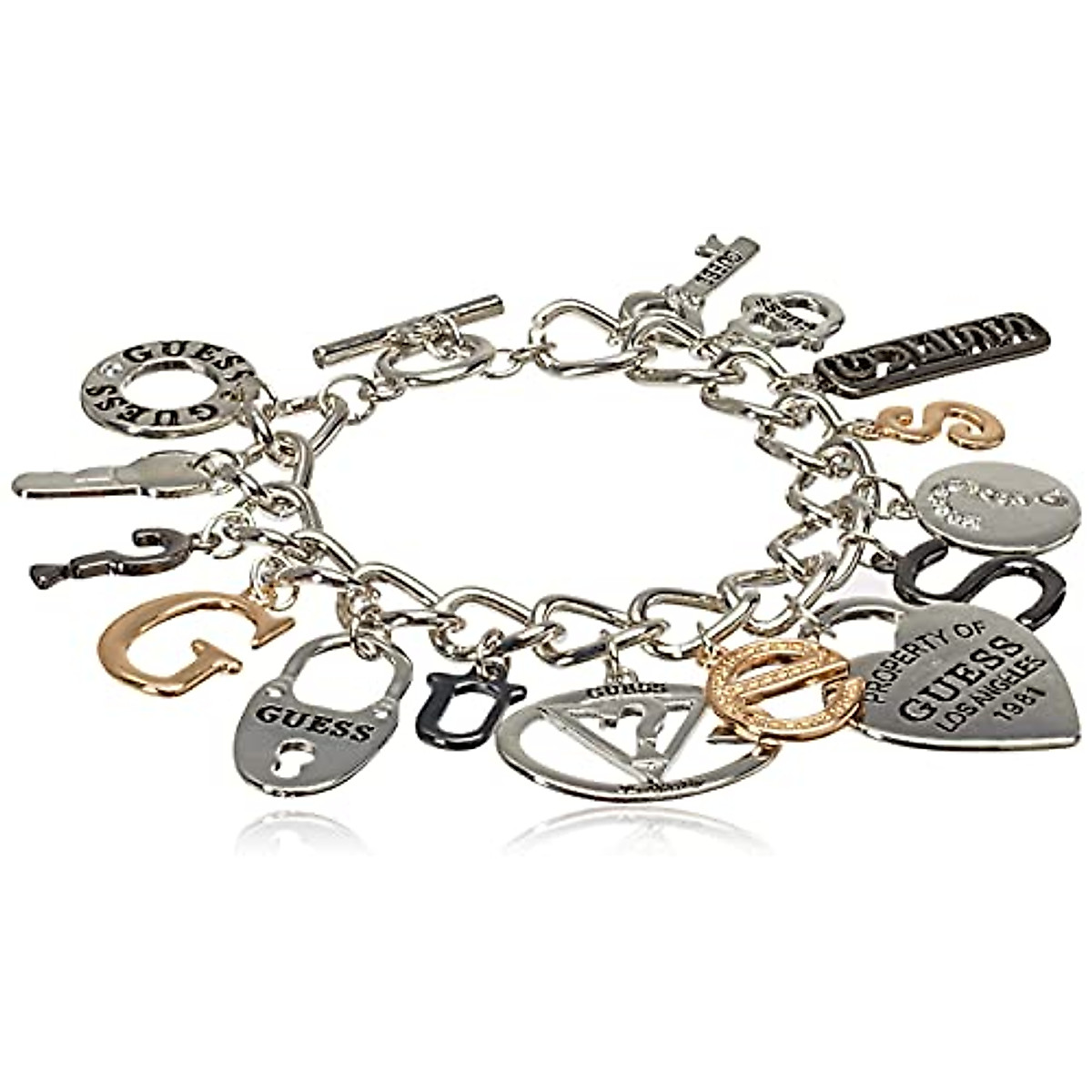 GUESS "Basic Mixed Metal Logo Charm Toggle Charm Bracelet