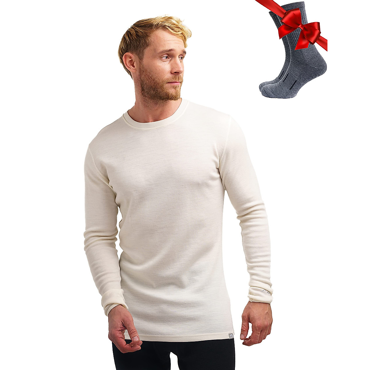 Merino.tech Merino Wool Base Layer - Mens 100% Merino Wool Long Sleeve Thermal Shirts Lite, Midweight, Heavyweight + Socks (Large, 250 Natural Merinos)