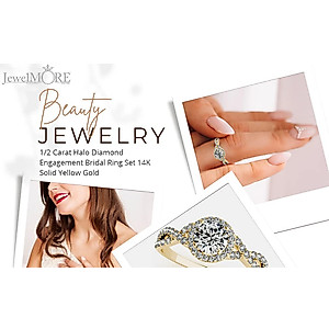 JewelMore 1/2 Carat Halo Daimond Engagement Bridal Ring Set 14K Solid Yellow Gold (I-J/I2-I3) (6)