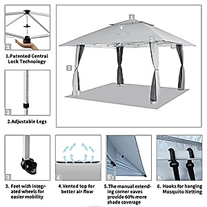 CROWN SHADES 13X13 Outdoor Pop Up Gazebo Base 10X10 Patio Gazebos Patented Center Lock Quick Setup Newly Designed Storage Bag Instant Canopy Tent with Mosquito Nettings(13x13, Grey)