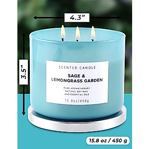 Sage Lemongrass Garden Scented Candle | Refreshing Lemongrass Candle for House Cleansing | Natural 3 Wick Soy Candle 15.8 oz | Aromatherapy Relaxing Candle for Women & Men | Clean Burn Scented Candle