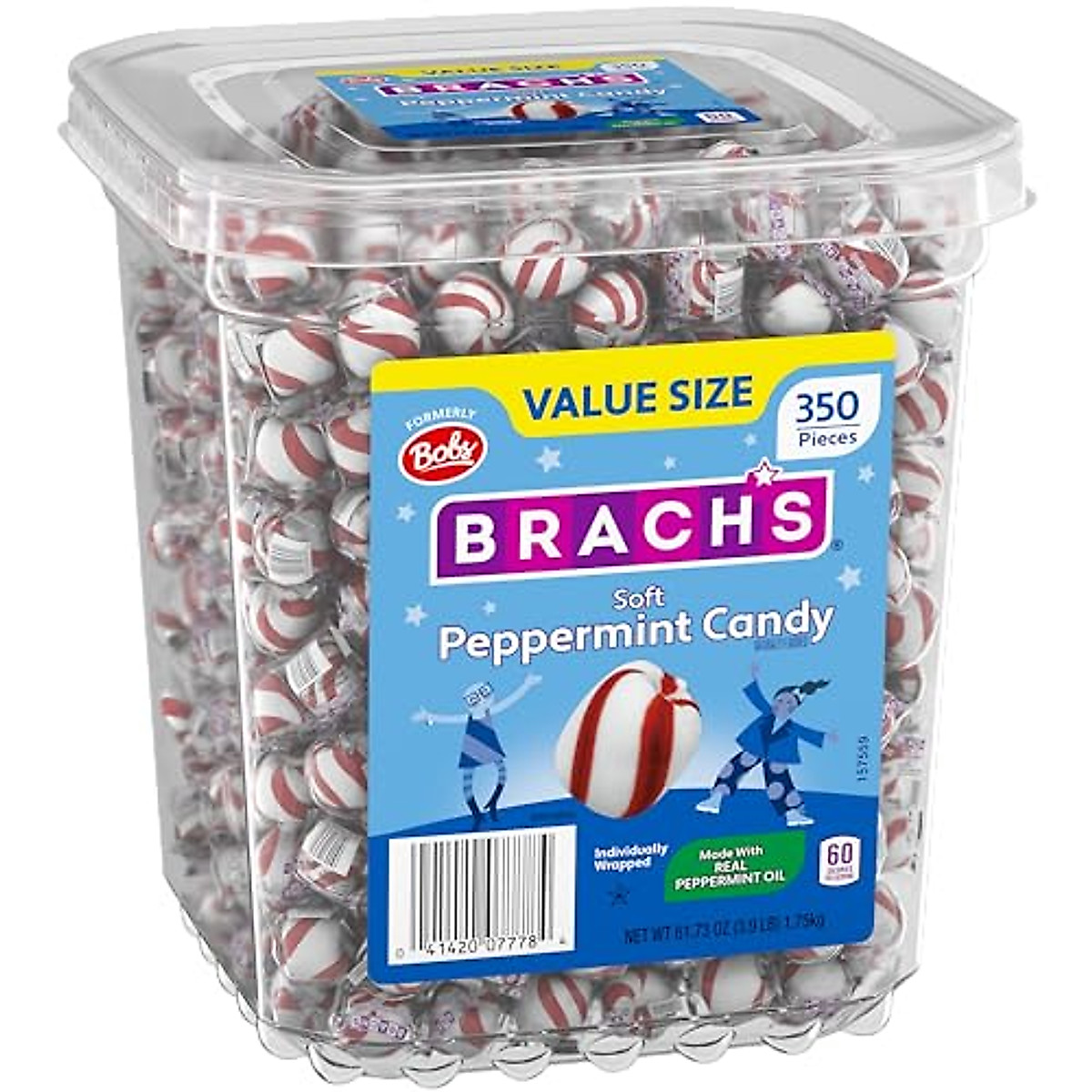 Brach's Bobs Sweet Stripes Soft Peppermint Candy, Individually Wrapped Pieces, 3.9 Lb Tub (350 Count)