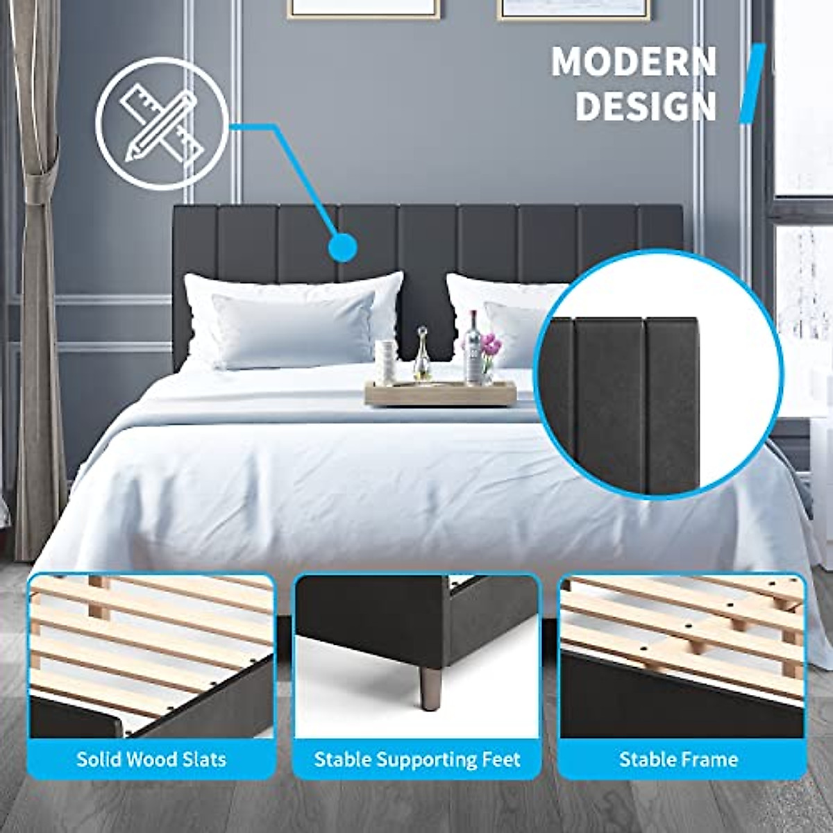 Mjkone Queen Size Bed Frame with Adjustable Headboard,Platform Bed Frame with Modern Geometric Headboard&Wood Slat Support,Queen Bed Base Frame No Box Spring Needed,Easy Assembly,Black