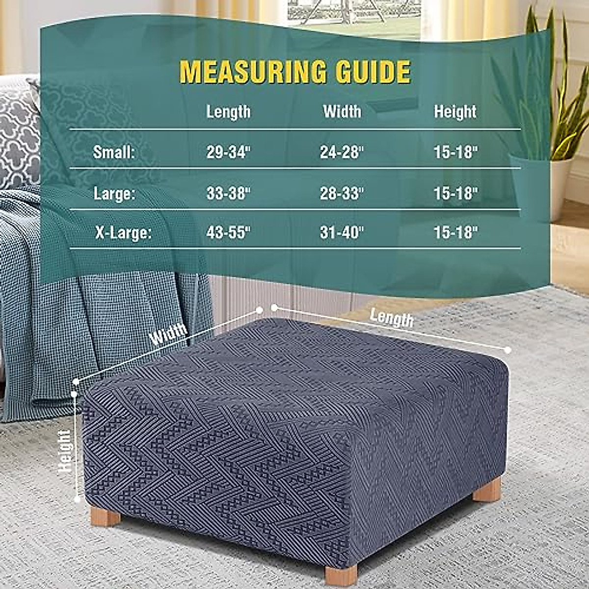 Ruaozz Ottoman Covers Slipcover Rectangle Footrest Stool Cover Ottoman Slipcovers Storage Stool Ottoman Cover Soft Stretch Jacquard Washable with Elastic Straps Bottom（Large, Grey