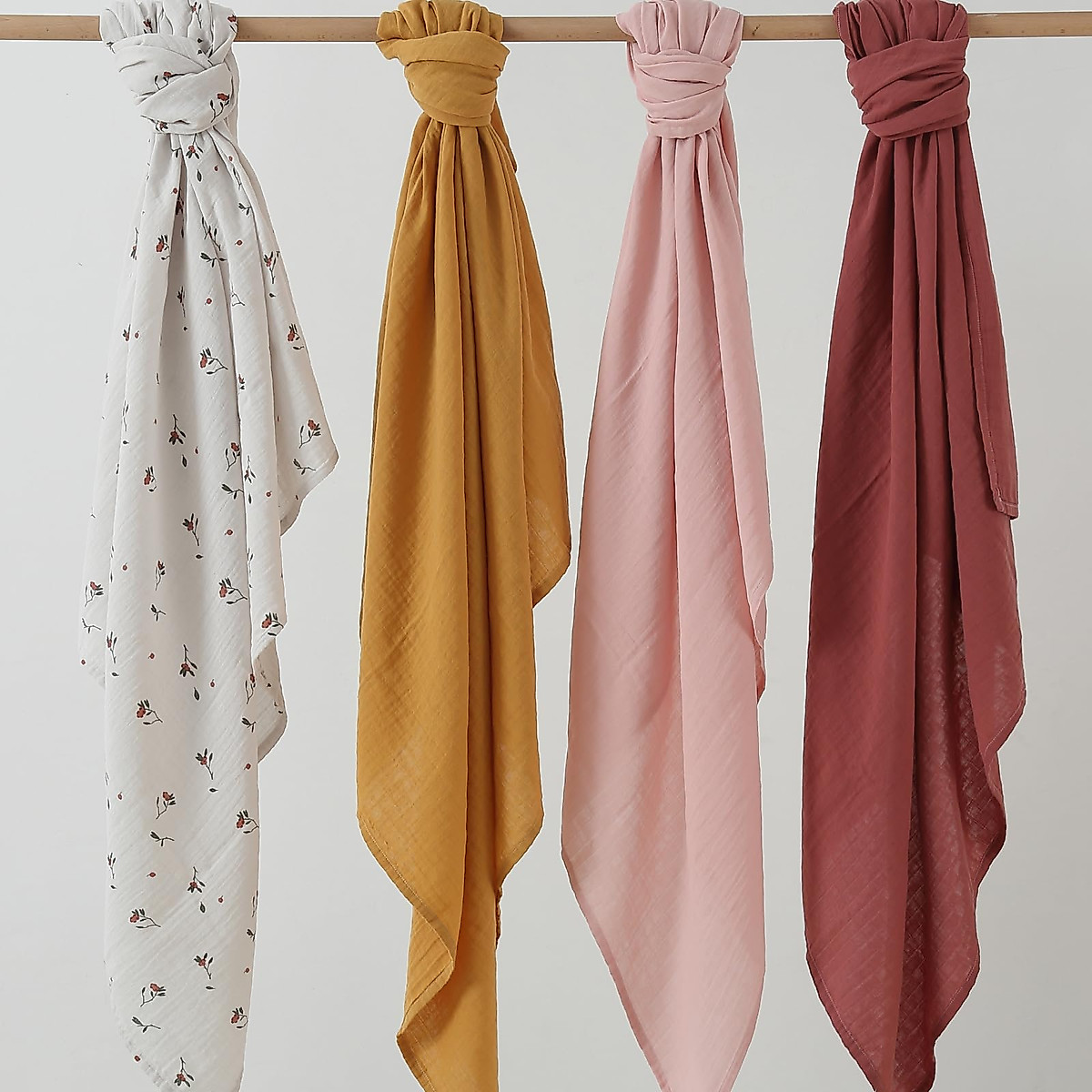 POMISO Muslin Swaddle Blankets for Boys & Girls, Soft Breathable Swaddling Blankets, Large 47" X 47" inches Baby Muslin Swaddles, 4 Pack Red Berries/Earthy Colors