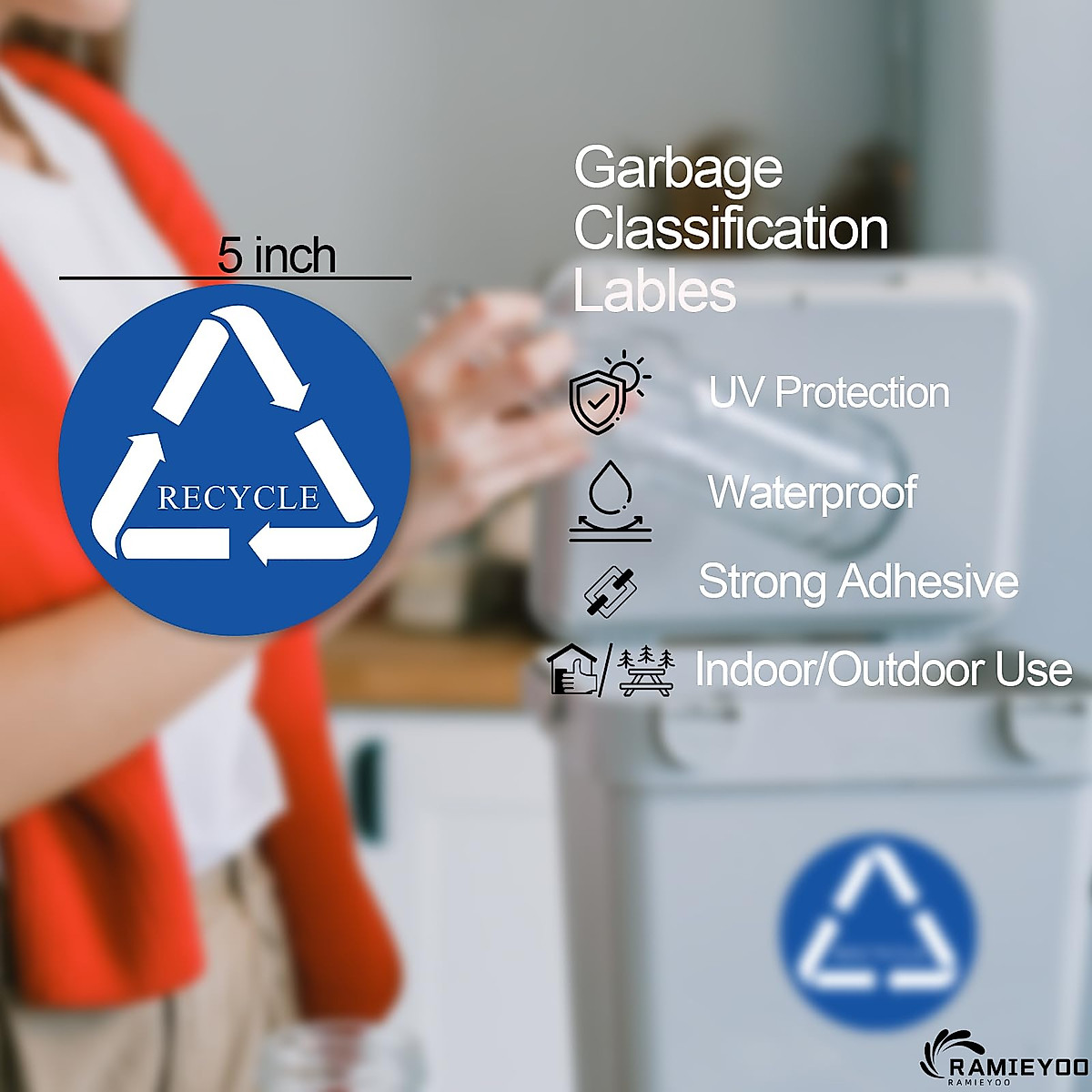 RAMIEYOO Design Recycle Sticker,5 Pack Recycle Sign Decals,Self-Adhesive Recycling Stickers,Recycle and Trash Vinyl for Trash Can 5 * 5 Inches (Recycle Labels/Blue)