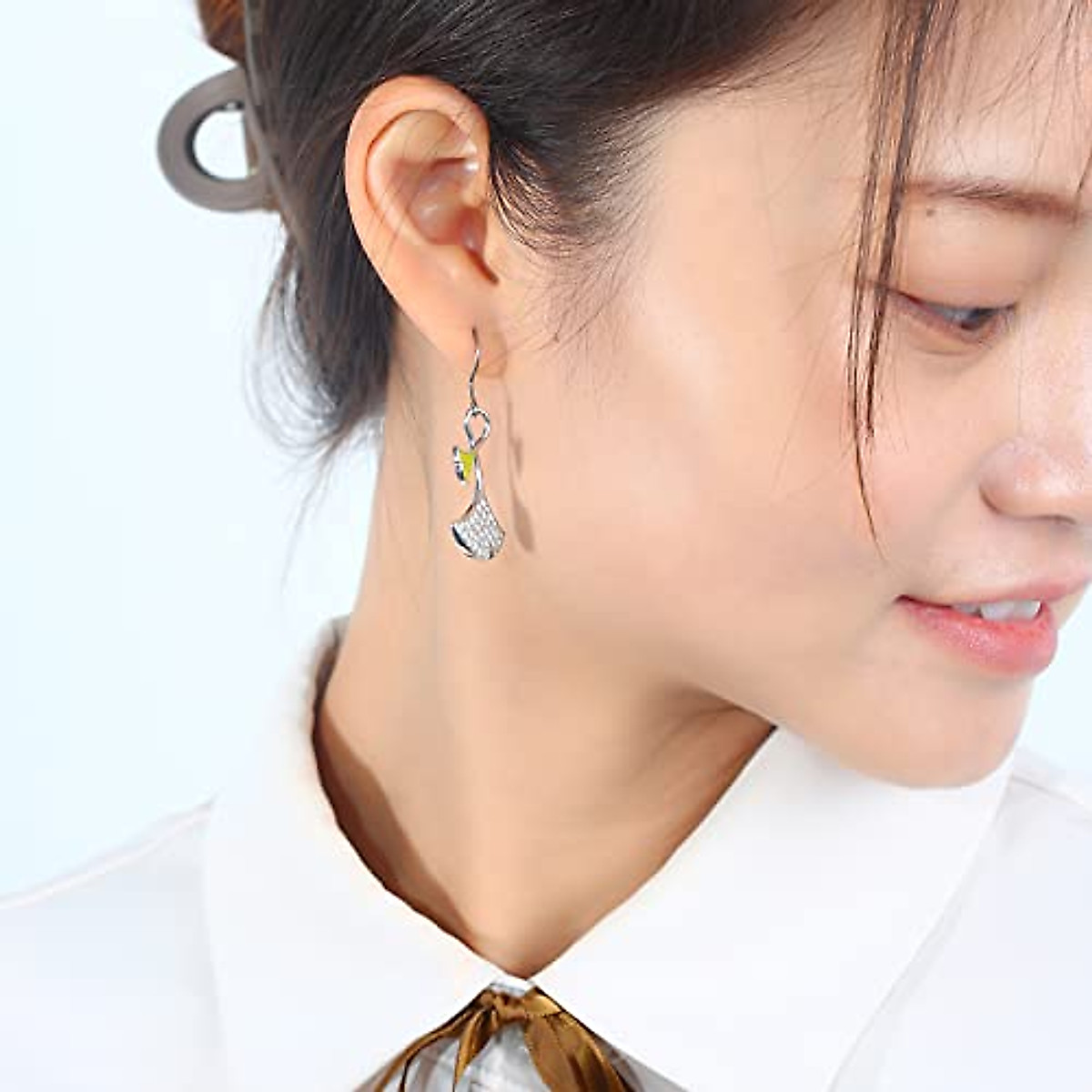 Ginkgo Leaf Earrings Hypoallergenic Titanium Dangle Earrings For Women, Sparkly Cubic Zirconia Enamel Drop Earrings Lightweight Handmade, Pure Titanium Earrings Hooks for Sensitive Ear