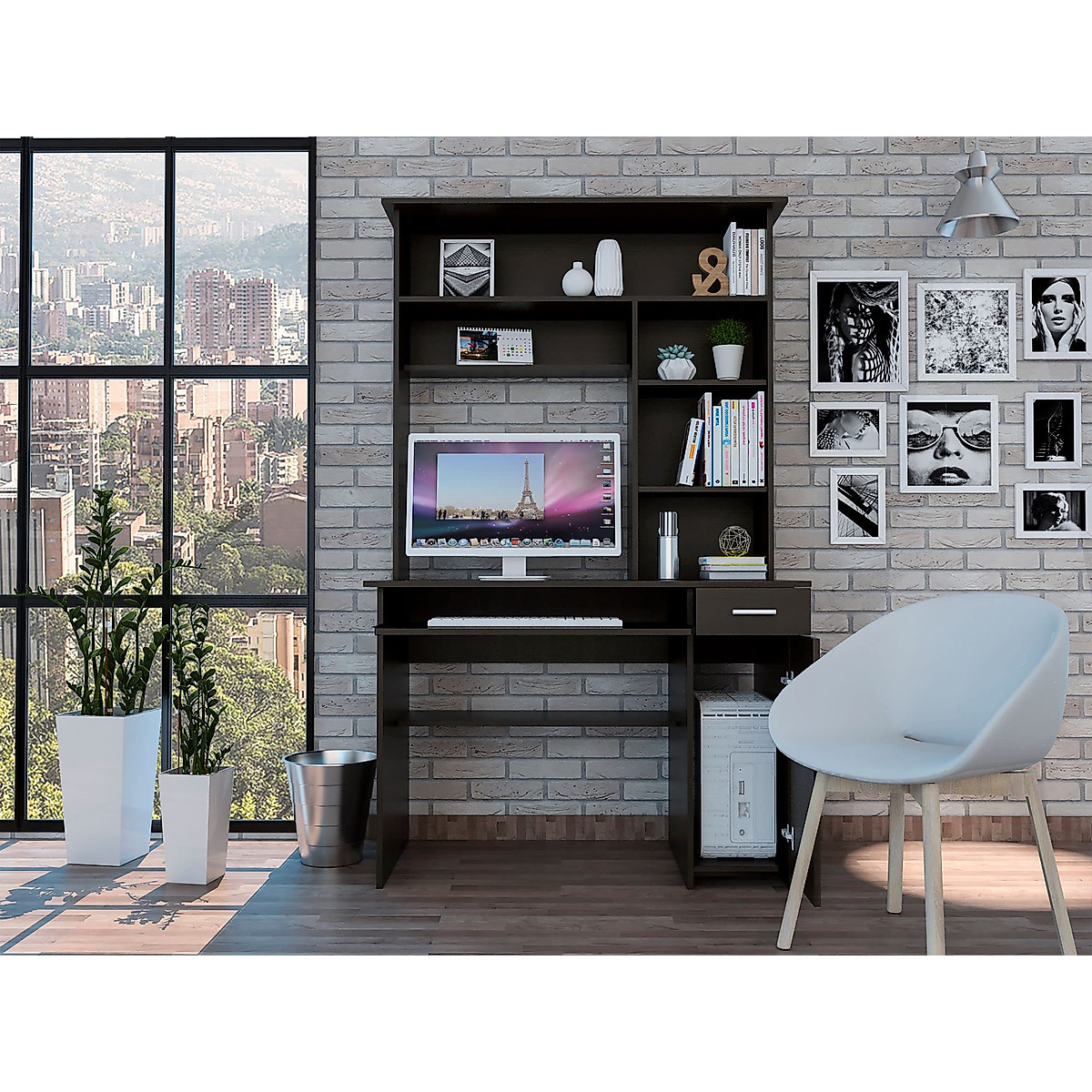 Bellemave Computer Desk with Hutch and Keyboard Tray, Home Office Desks with Drawers and Storage Shelves, Writing Study Desk Table, Modern Compact Workstation, Black