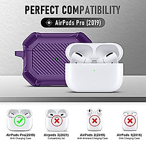 Maxjoy Compatible with AirPods Pro Case, Carbon Fiber Secure Lock Clip Full Body Shockproof Hard Shell Protective Case Cover with Keychain for AirPod Pro (2019), Purple