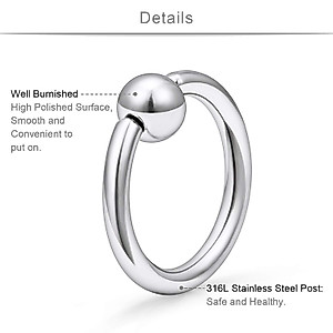 SCERRING 18PCS 14G Captive Bead Piercing Ring Stainless Steel Nose Septum Tragus Helix Nipple Belly Lip Eyebrow Hoop Rings 10mm 12mm 14mm Silver