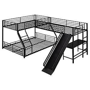 DHPM Triple Bunk Bed with Slide, L Shaped Bunk Bed for 3, Twin Over Full Metal Bunk Bed Frame with Twin Size Loft Bed, Built-in Desk, for Kids Girls Boys