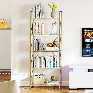 YITAHOME Acrylic Gold Bookshelf, 5 Tiers Modern Open Bookcase, Display Shelf Storage Rack for Bedroom, Living Room, Kitchen, Home Office, Gold&Acrylic