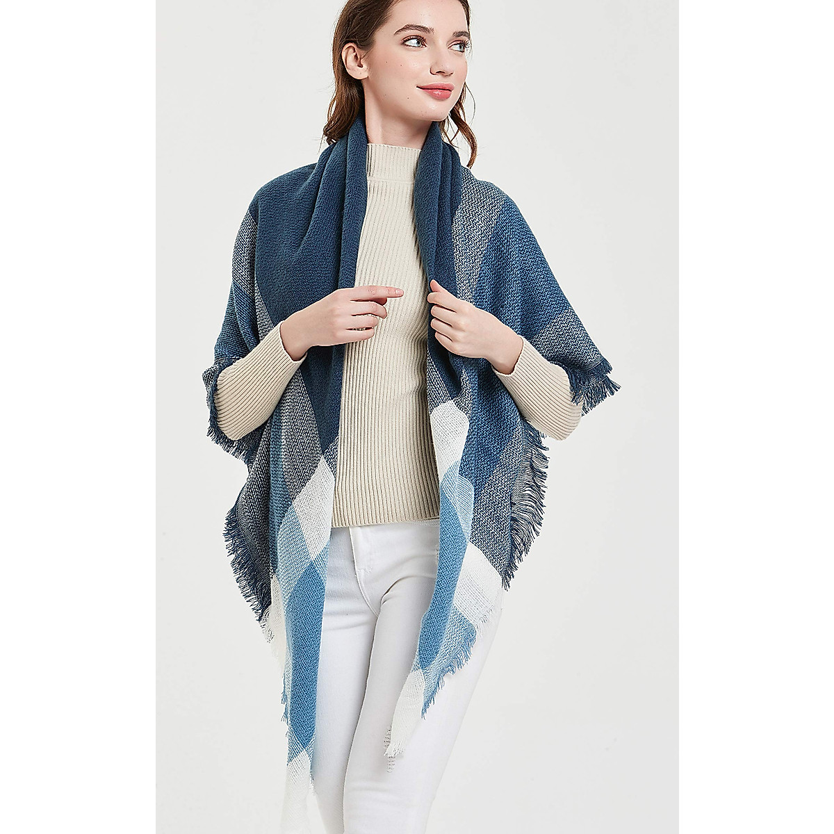 Wander Agio Womens Warm Blanket Scarf Square Winter Shawls Infinity Scarves Stripe Plaid Blue Navy Cyan 2