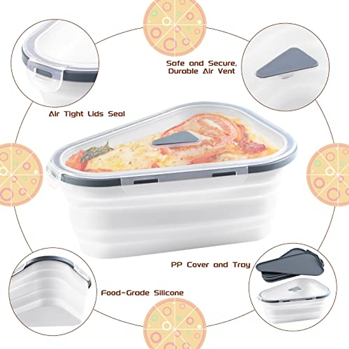 Pizza Storage Container, Expandable Folding Silicone Pizza Storage Container with 10 Microwave Trays, Pizza Pan Organizes to Save Space (Pack of 2) White