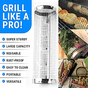 EmGi Grilling Basket 2 PCS, w/ BONUS Grill Brush, BBQ Grill Basket, Rolling Grilling Basket, Stainless Steel Grill Mesh Barbeque Grill Accessories, Portable Grill Baskets for Outdoor Grill for Fish,