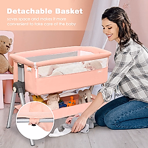 INFANS Baby Bassinet Bedside Crib, Newborn Sleeper w/Large Storage Basket, Adjustable Heights, Detachable &Washable Mattress, Breathable Mesh, Straps, Easy Moving Bed Side (Pink)