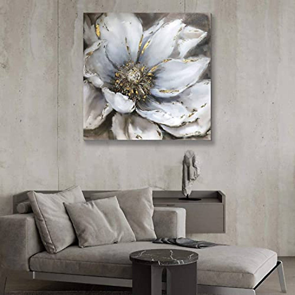 Wallpaint - Black and White Flower Wall Art with Texture and Gold Foil, Elegant Blooming Floral Picture Canvas Wall Decor for Living Room Bedroom - 30"x30"