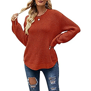 MEROKEETY Women's 2023 Casual Fall Waffle Knit Sweater Long Balloon Sleeve Loose Pullover Jumper, Rust, M