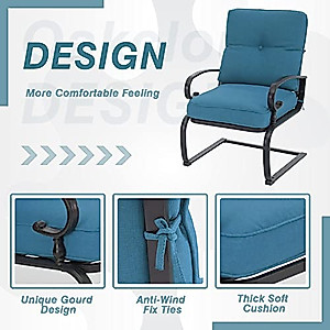 Oakcloud Outdoor Bistro Set 3-Piece Spring Metal Lounge Cushioned Chairs and Bistro Table Set Wrought Iron Cafe Furniture Seat, Blue