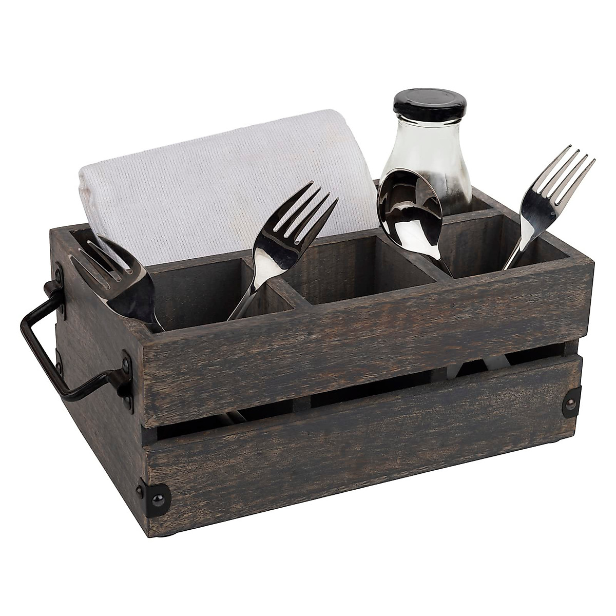 GoCraft Flatware Caddy with 4 Compartments, Cutlery Holder, Silverware Condiment Organizer with Napkin Holder for Kitchen, Dining, Picnics, Grey Washed Mango Wood Caddy with Metal Handles