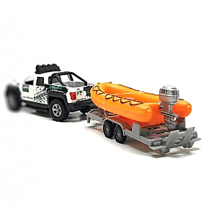 Pickup Truck Trailer Towing Speed Boat 2 in 1 Playset Diecast Model Car Metal Pull Back Toy Cars 1/36 SUV Vehicle Outdoor Sandbox Adventure Play Set Doors Open Light Sound Boys Toys Kids Gifts