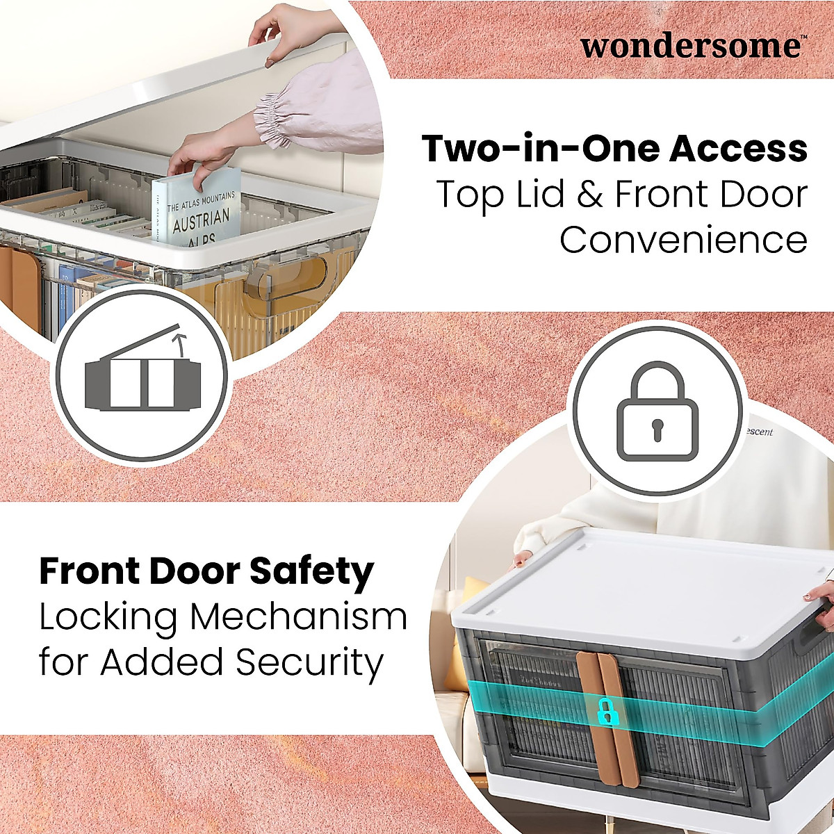 Wondersome Collapsible Storage Bins - 6-Pack of Extra-Large 19-Gallon/76-Quart Stackable Wheeled Clothing, Shoe, Bedroom, Office Organizer - Foldable Containers - Assembles in Second - US-Based Brand