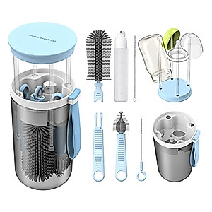 TechoEcho Baby Travel Essential Bottle Cleaner Kit with Silicone Bottle Brush，Built-in Snap-on Drying Rack，Silicone Nipple-Shaped Brush，2 Straw Brushes，Bottle Soap Dispenser，Bottle Warmer Bowl.(Blue)
