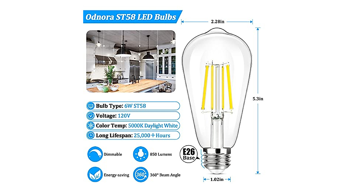 Odnora Dimmable E26 LED Bulbs 60W Equivalent 6W 850 Lumens Vintage LED ...