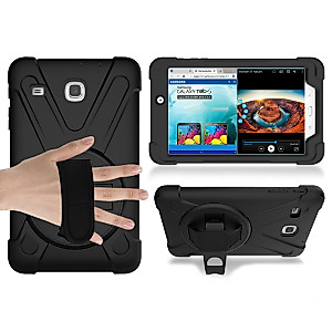 TIMISAM Samsung Galaxy Tab E 8.0 Case, Heavy Duty Hybrid Shockproof Protection Cover Built with Kickstand and Hand Strap for Samsung Galaxy Tab E 32GB SM-T378/Tab E 8.0 Inch SM-377 Tablet (Black)