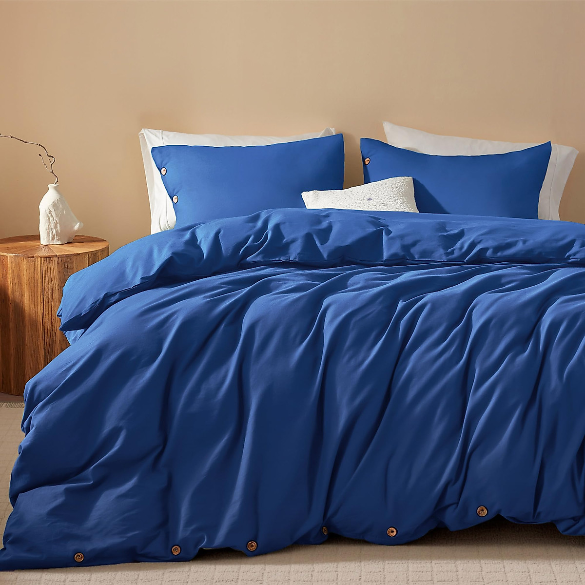 SunStyle Home 100% Washed Cotton Duvet Cover Set Breathable Soft King Light Blue Duvet Cover 3 Pieces Solid Color Bedding Set with Buttons Closure Comforter Cover Set (1 Duvet Cover +2 Shams)