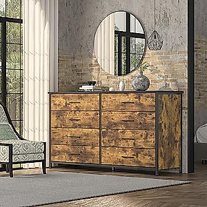IKENO 8 Drawer Dresser, Industrial Wood Storage Dressers & Chests of Drawers with Sturdy Steel Frame, Storage Dresser for Bedroom Wood (Rustic Brown)