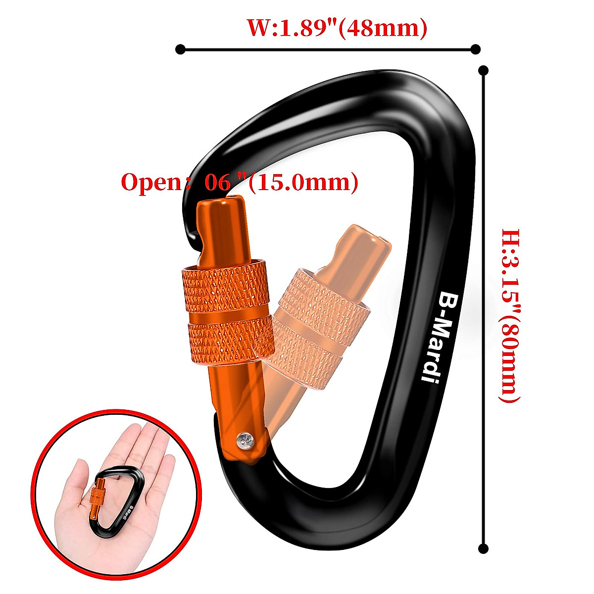 B-Mardi Carabiner Clips Heavy Duty 12kN (2697 lbs)-Lightweight Locking Carabiners for Camping, Hiking, Hammock, Dog Leash Harness, Outdoor and Gym etc, Keychains& Utility ﻿