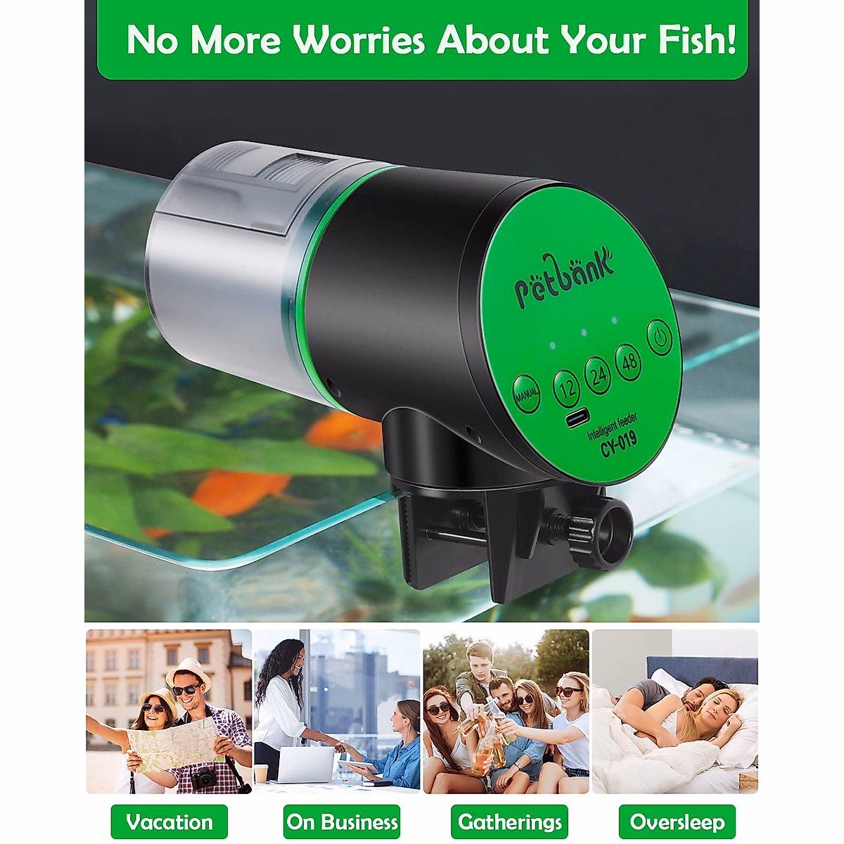 Petbank Automatic Fish Feeder for Aquarium - Auto Fish Food Dispenser Rechargeable for Small Large Tank with USB Charger Cable，12/24/48H Interval Esay Set Up (Green, CY-019)