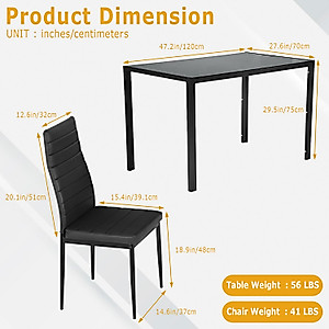 Ruesleag Dining Table Set 5-Piece Dining Room Glass Tabletop Table &Upholstered Chairs for 4 Modern Kitchen Table with Chairs Space-Saving Home Furniture for Dining Room Kitchen Living Room,Black