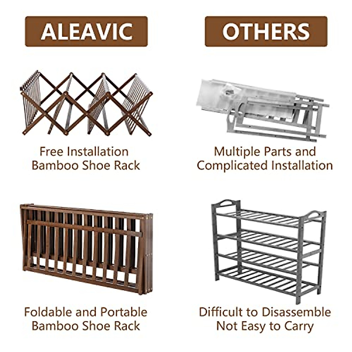 ALEAVIC Foldable Bamboo Shoe Rack, 4-Tier Shoe Rack, Installation-Free Shoe Rack, Multifunctional Freestanding Shoe Rack for Closet, Entryway, Balcony, Living Room, Bedroom, Brown