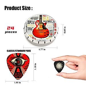 Guitar Picks 24 Pack Thin, Medium, Heavy & Extra Heavy Picks with Tin Box,Variety Pack Artistic Celluloid Guitar Pick for Bass Electric Guitar Acoustic Guitar Lovers Gift (Mix-2)