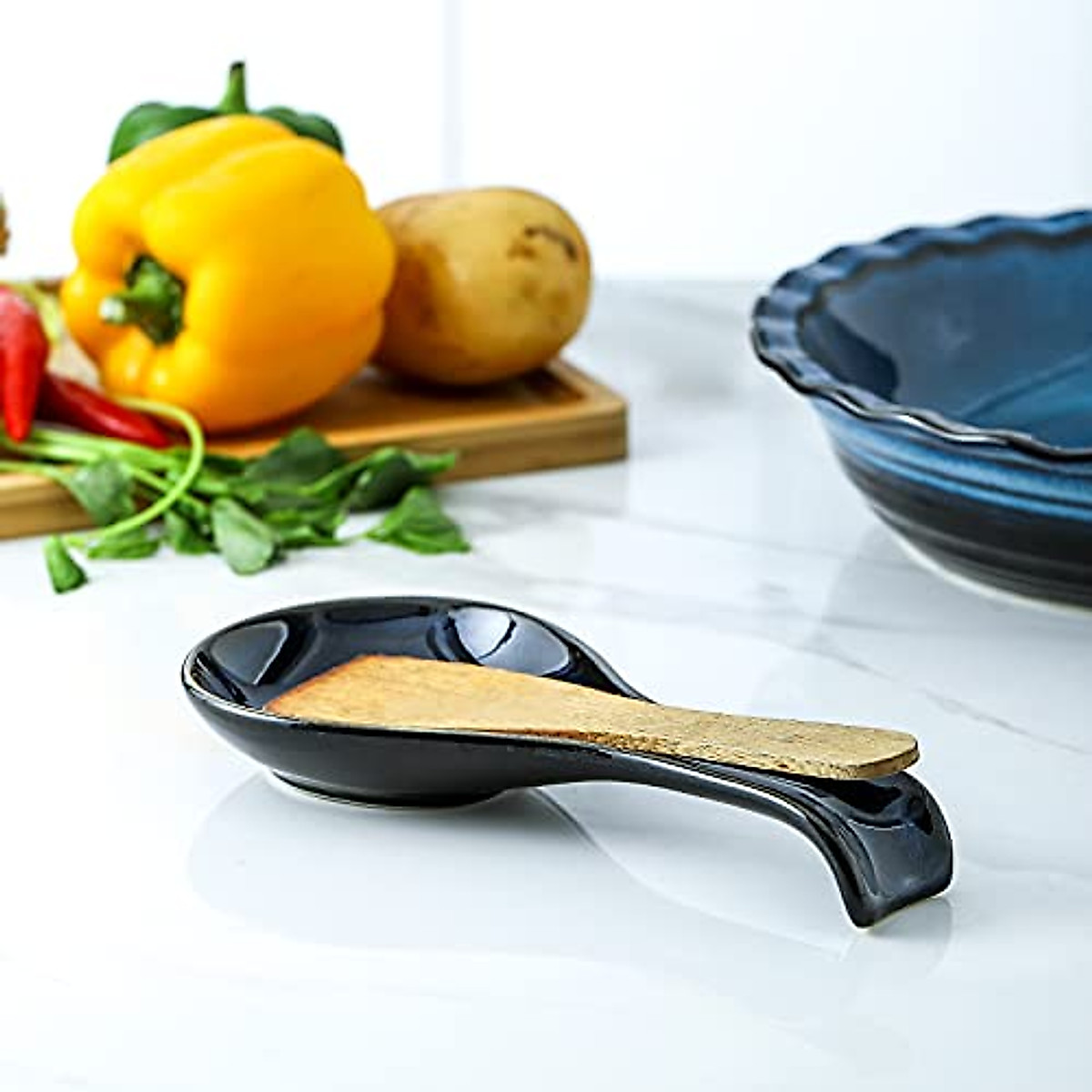 uniidea Ceramic Spoon Rest for Stove Top, Porcelain Spoon Holder, Large Spoon Rest for Kitchen Counter Stove Top, Spoon Rest Blue, Set of 2