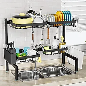 SNSLXH Four Baskets (one More Than Others) Large Sink Rack, 24.8"-35.4",Over The Sink Dish Drying Rack, Two-Tier Large Sink Rack for Kitchen, Retractable and Adjustable, Saving Kitchen Space