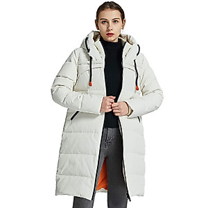 Orolay Women's Thickened Contrast Color Drawstring Down Jacket Hooded Parka Long Puffer Coat White L