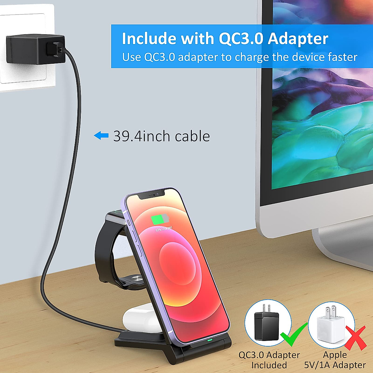 i.VALUX 3 in 1 Charging Station for Apple Devices, Foldable Travel Wireless Charger Stand Charging Dock for iPhone 15 14 13 12 11 Pro Max Plus XR XS 8 Plus, Apple Watch Series 9/8/7/6/5/4/3/2,AirPods
