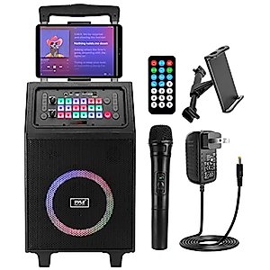 Pyle Portable Karaoke PA Speaker System - 600W 8” Rechargeable BT Speaker, TWS, Party Lights, LED Display, FM/AUX/MP3/USB/SD, Wheels - Wireless Mic, Remote Control, Tablet Holder Included - PHP18DJT