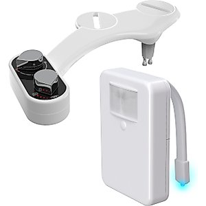 Clear Rear Bidet Attachment & LumiLux Toilet Light (1 pack) - Transform Your Bathroom with Self-Cleaning Dual Nozzle Bidet - Enhance Ambiance with 16-Color LED Motion-Sensing Toilet Bowl Light